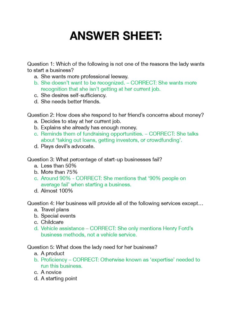 Business Startup Quiz Answer Key | PDF | Career & Growth