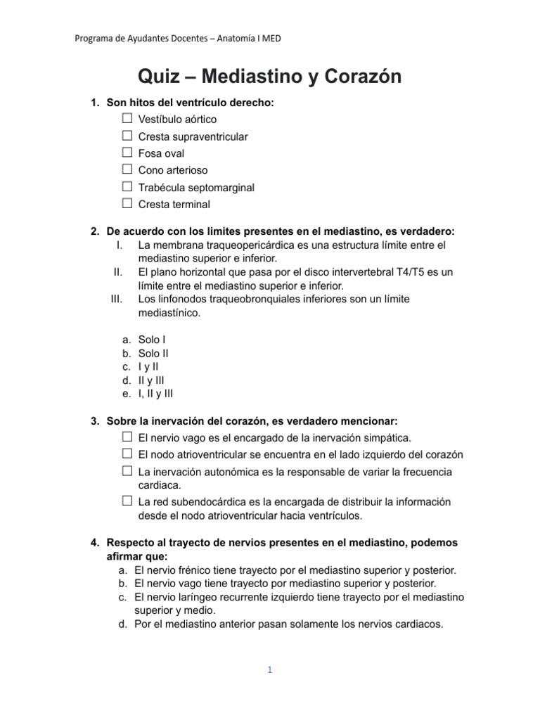Quiz Mediastino y Coraz N PAD | PDF | Viajes y turismo