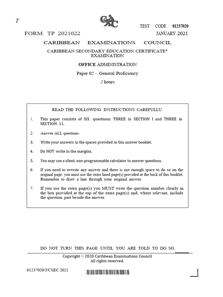 Csec Office Administration January 2021 p2 | PDF