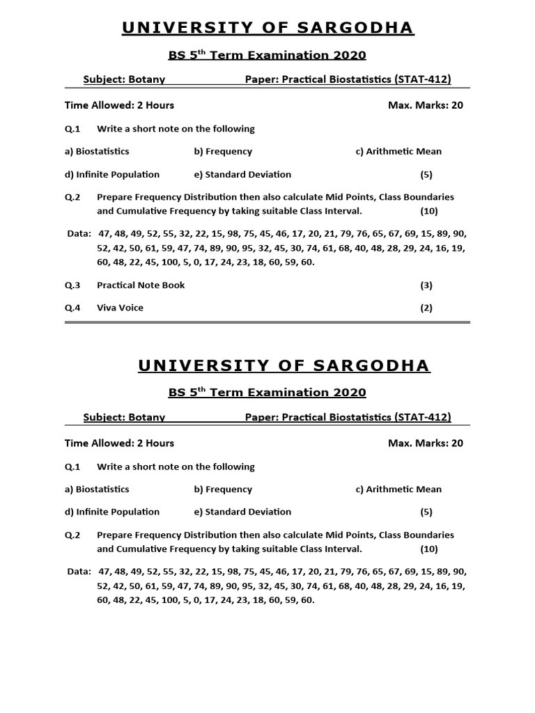 Bio Stats (BS Botany Term 5) Practical UOS | PDF