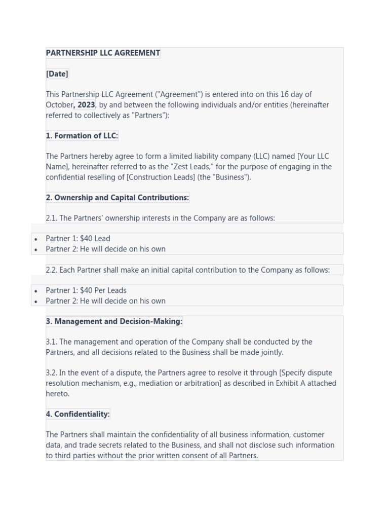 LLC Partnership Agreement Overview | PDF | Finance & Money Management