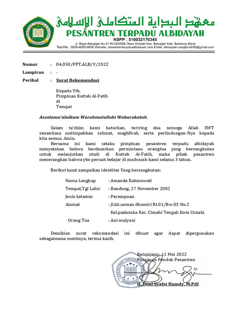 Surat Rekomendasi Pesantren 2022 - Amanda Rahmawati | PDF