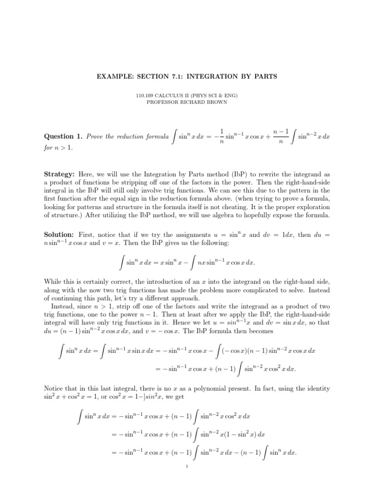 Question 1. Prove The Reduction Formula: Example: Section 7.1: Integration by Parts | Download ...