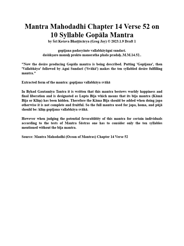 Mantra Mahodadhi 14.52 10 Syllable Gopal Mantra IAST Draft 1 2023.1.9 | PDF