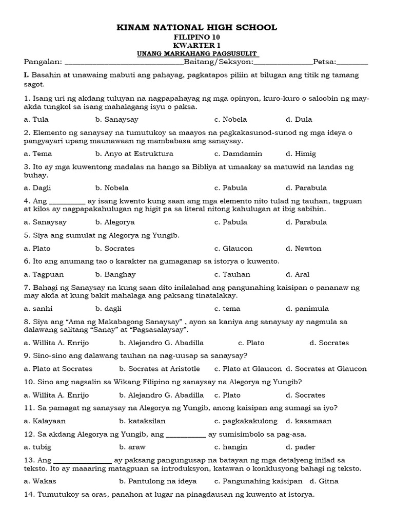 Fil. 10-Unang Markahang Pagsusulit | PDF