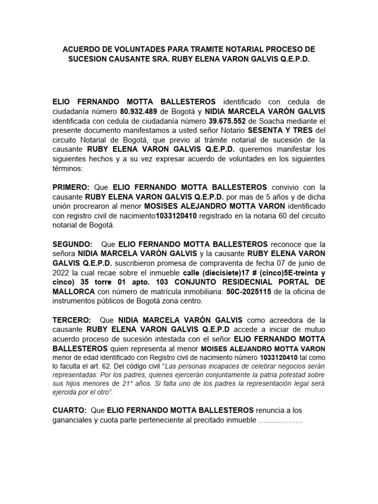 Acuerdo de Voluntades Entre Acreedor y Heredero Ante Notaria | PDF