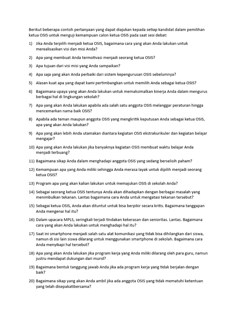 Pertanyaan Debat Calon Ketua OSIS | PDF