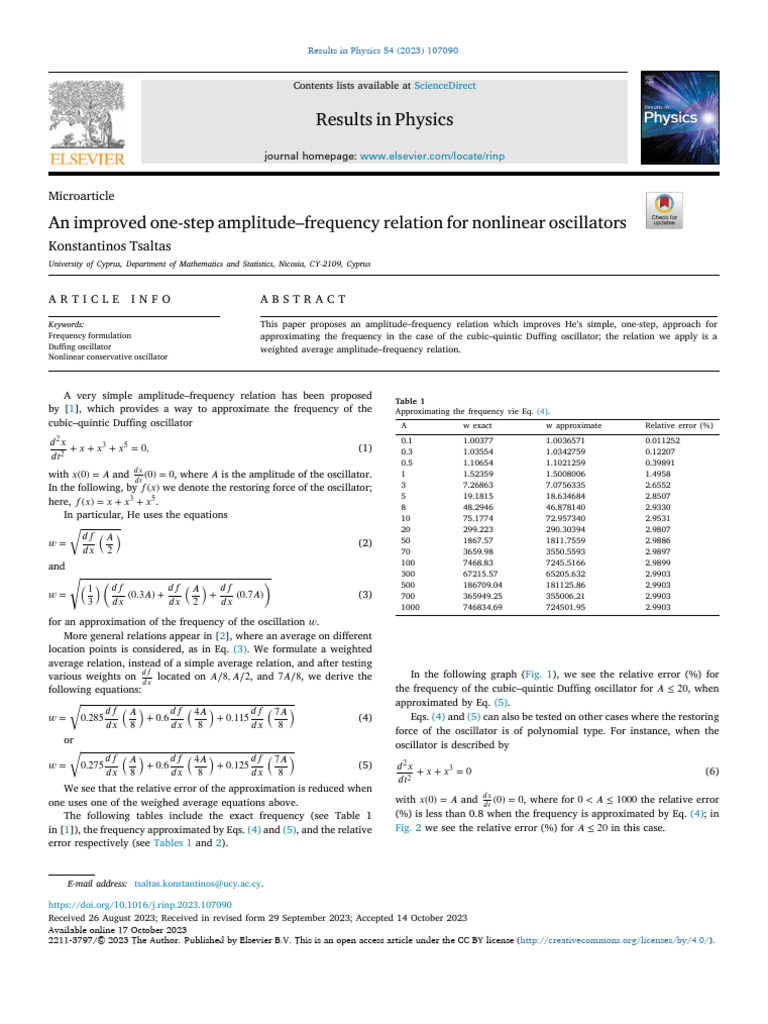 An Improved One Step Amplitude Frequency Relation For Non - 2023 - Results in PH | PDF ...