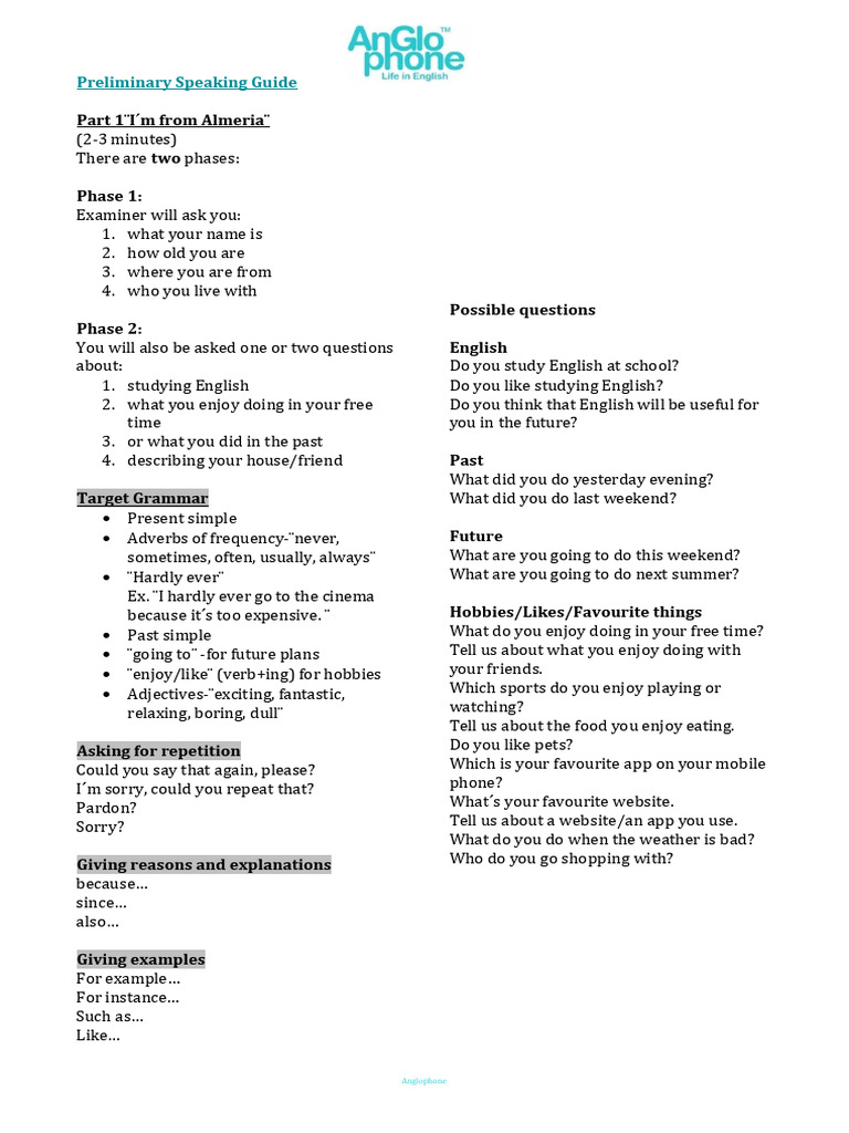 Preliminary Speaking Guide | PDF | Adjective | Linguistic Morphology