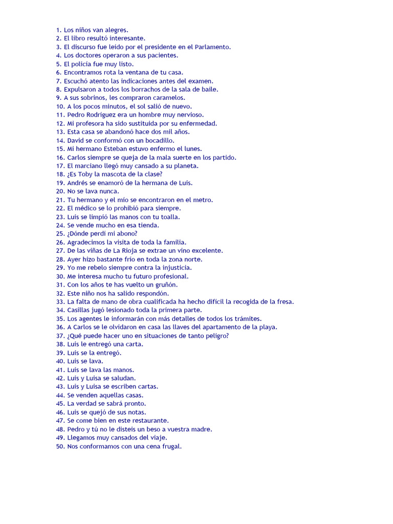 50 oraciones simples | PDF | Gramática | Sintaxis