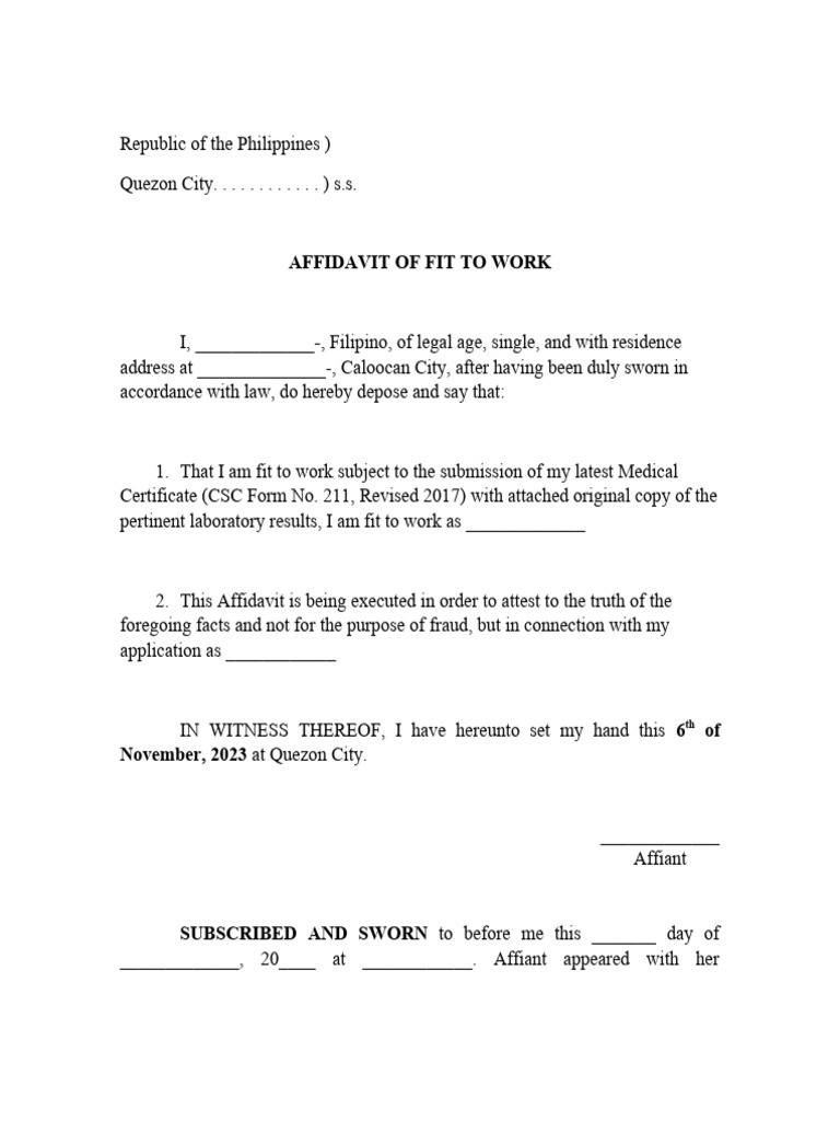 Affidavit of Fit to Work Sample | PDF