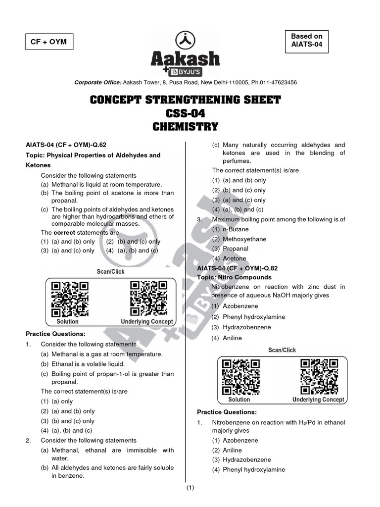 Concept Strengthening Sheet CSS 04 Based On AIATS 04 CF OYM Chemistry | PDF | Ketone | Aldehyde
