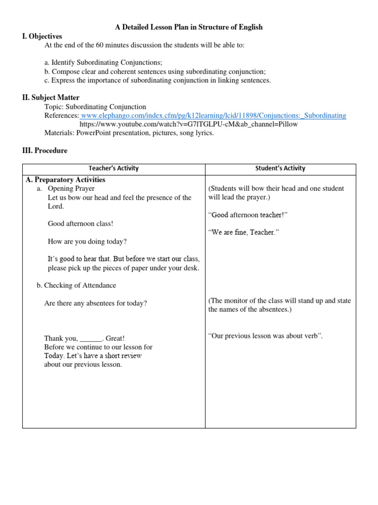 Subordinating Conjunctions Lesson Plan | PDF