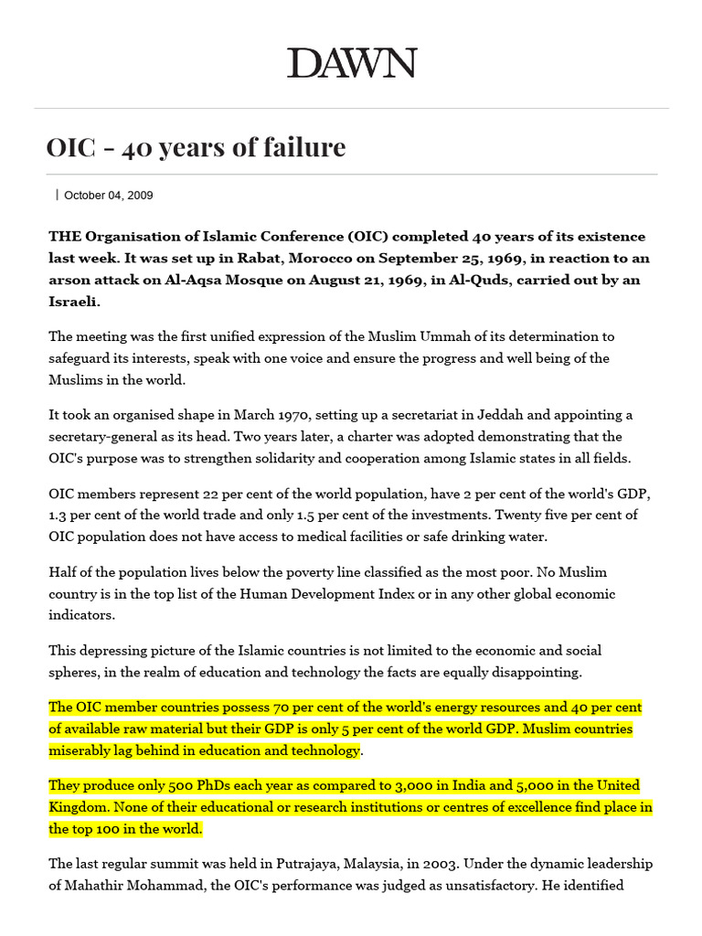OIC - 40 Years of Failure | PDF | Organisation Of Islamic Cooperation ...