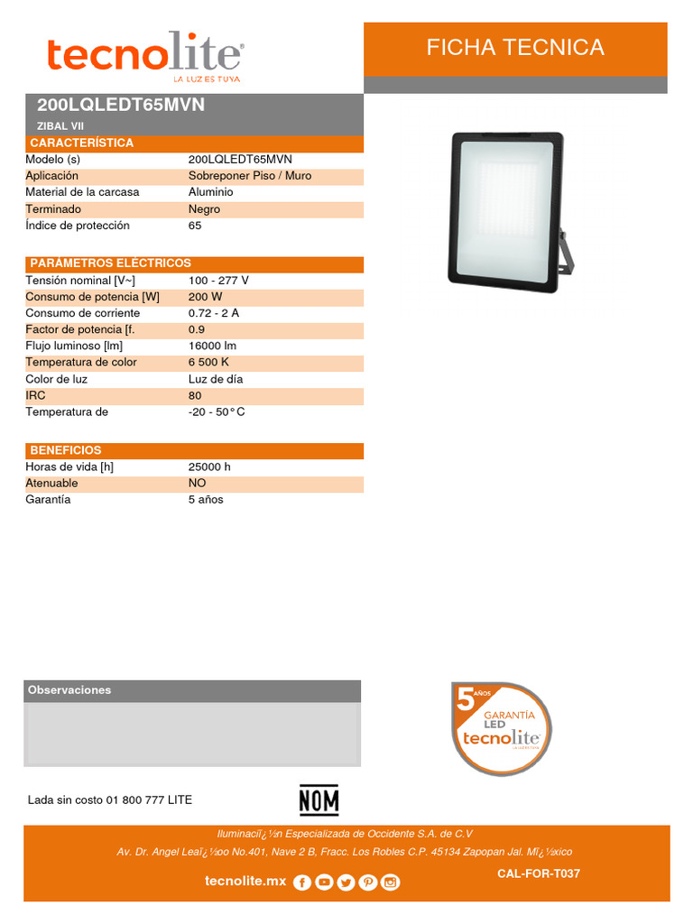 Ficha Tecnica Reflector 200W | PDF