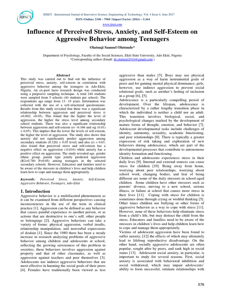 Influence of Perceived Stress, Anxiety, and Self-Esteem On Aggressive ...