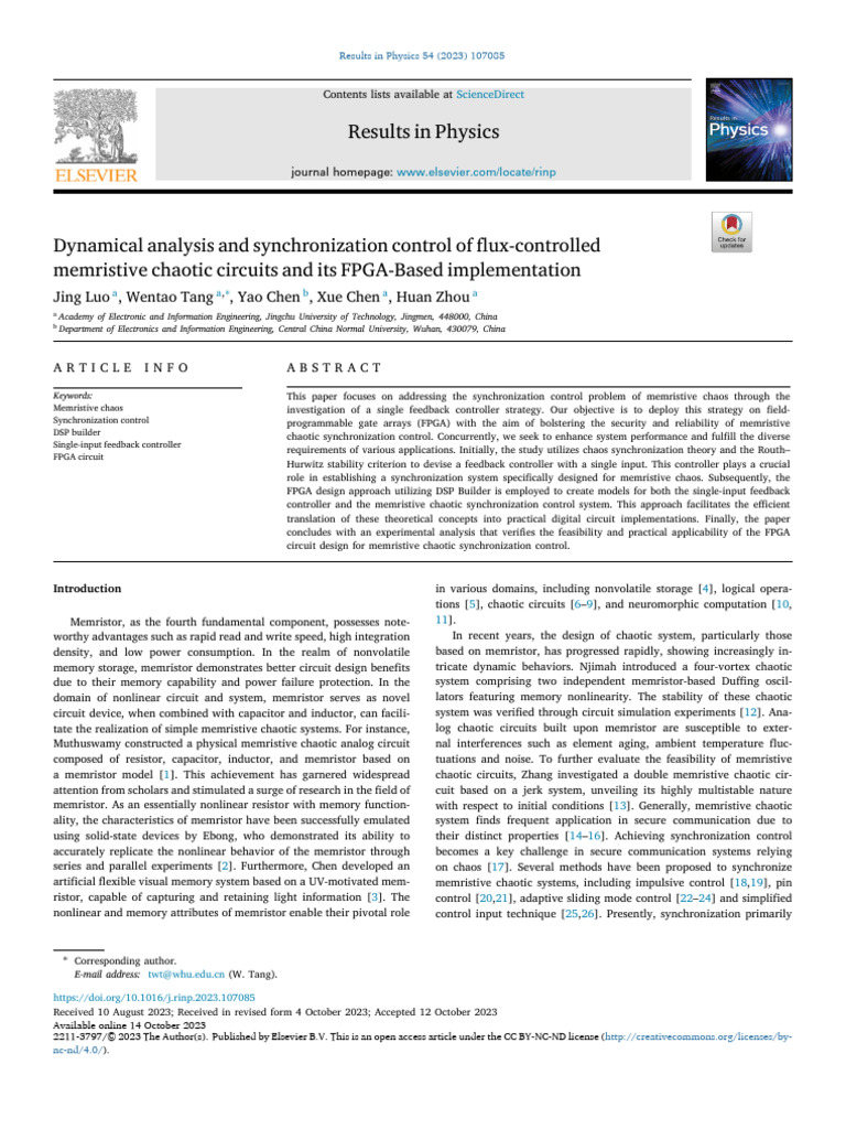 Dynamical Analysis And Synchronization Control Of Flux Control 2023 Results Pdf Chaos