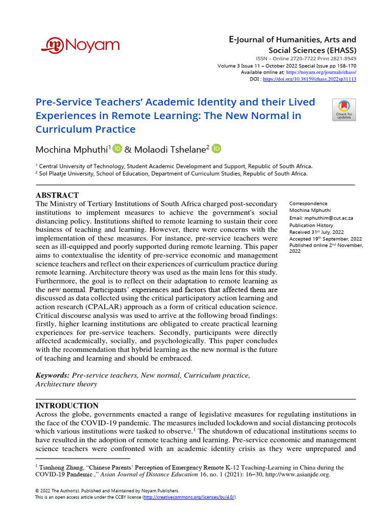 Pre-Service Teachers' Academic Identity and Their Lived Experiences in ...