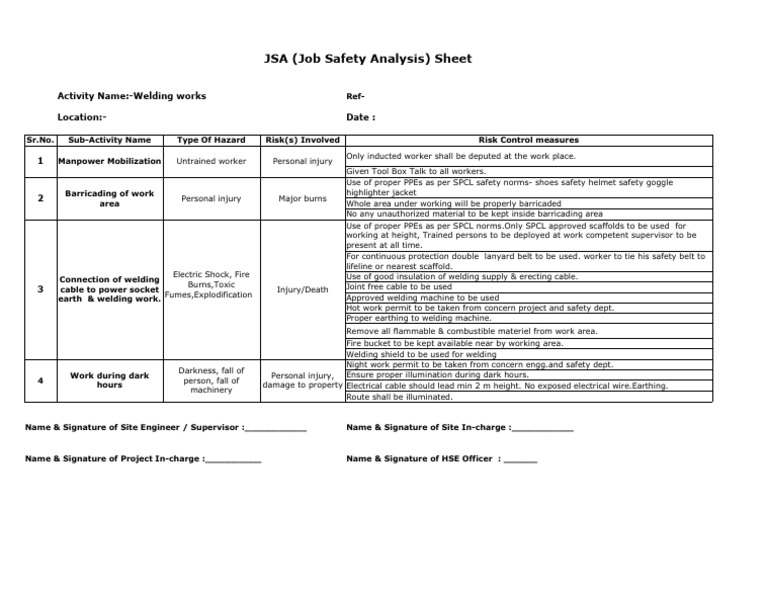 Welding Works JSA HSE Professionals | PDF | Welding | Construction