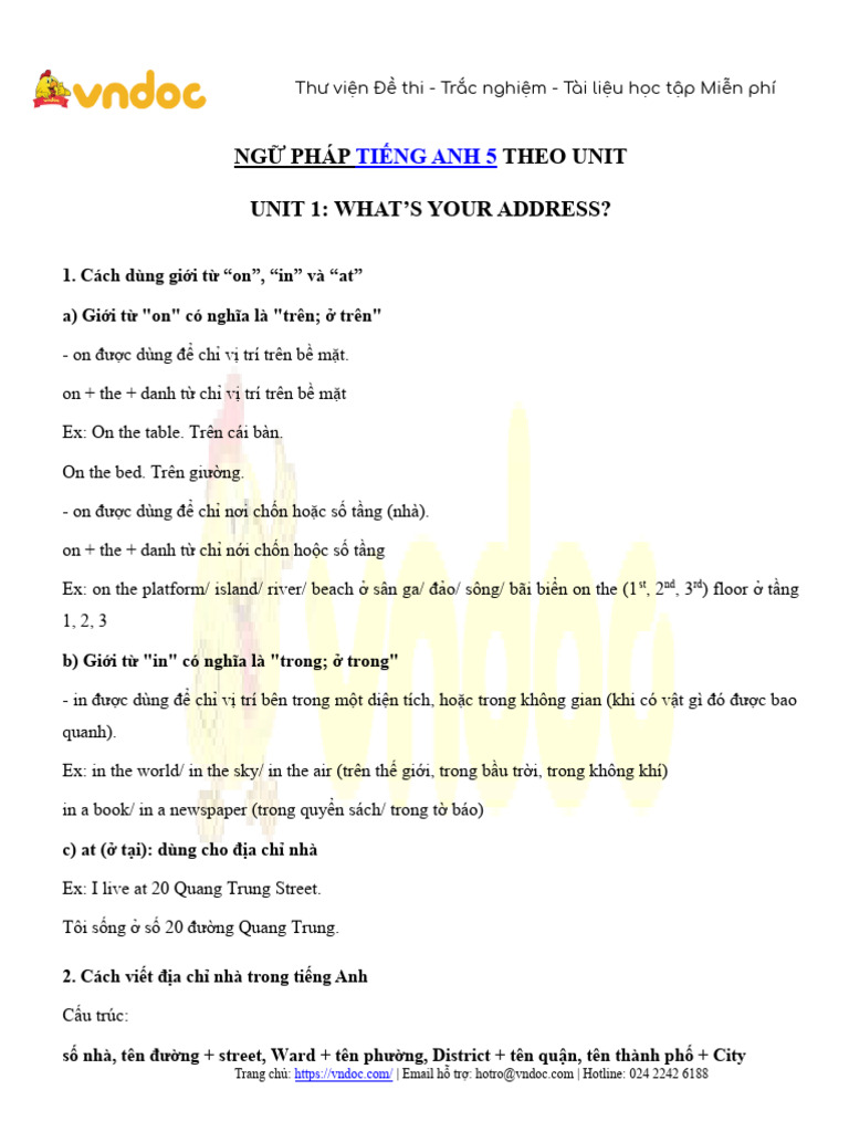 Ngu Phap Tieng Anh Lop 5 Chuong Trinh Moi Unit 1 Whats Your Address | PDF