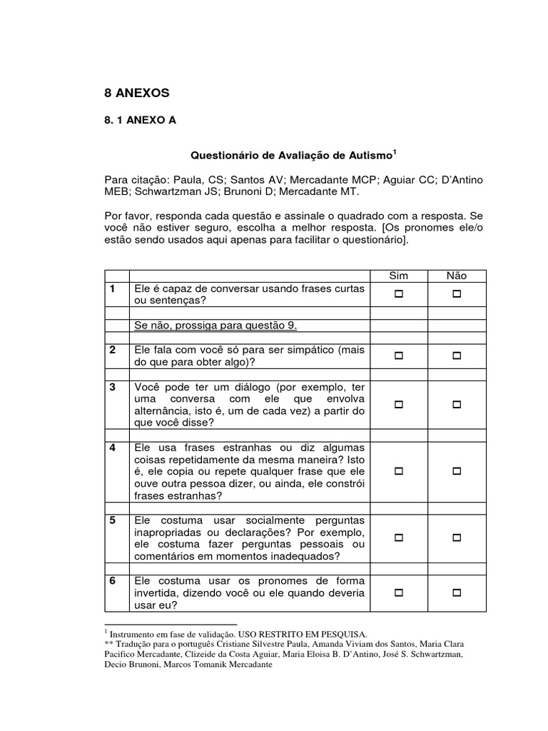 Questionário para Avaliação de Autismo Infantil - ASQ - Autism ...