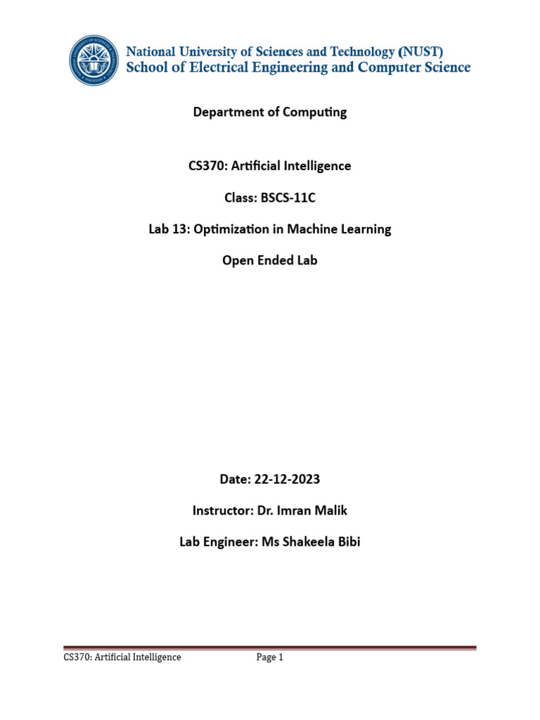 Lab-13 Open Ended Lab | PDF | Mathematical Optimization | Machine Learning