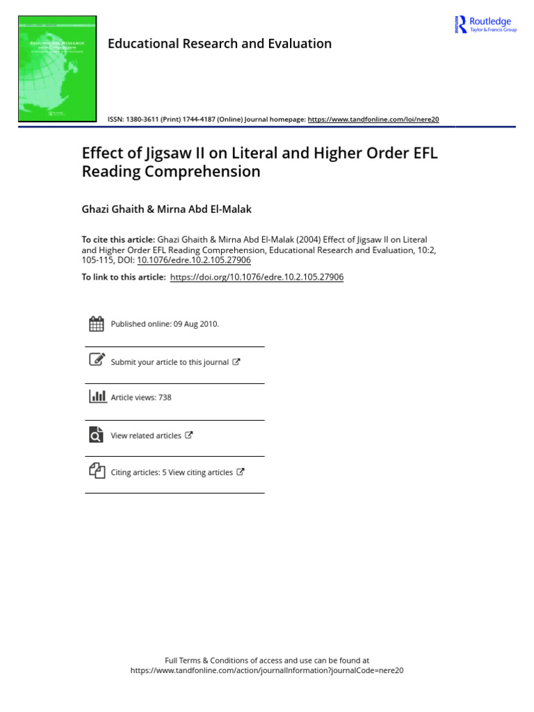 Effect of Jigsaw II On Literal and Higher Order EFL Reading ...