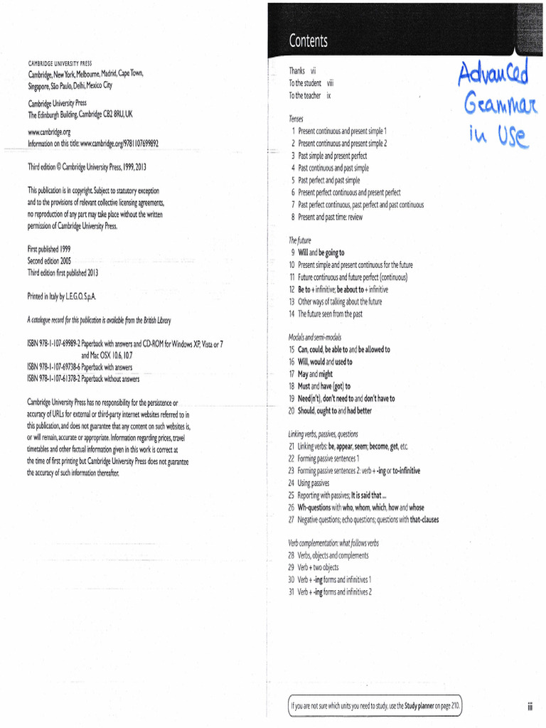 Advanced Grammar in Use - Contents + Grammar Reminder | PDF
