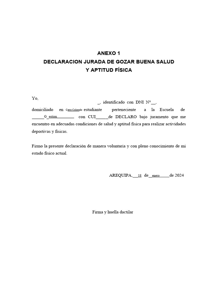 Anexo 1 - Declaracion Jurada | PDF | Estilo de vida