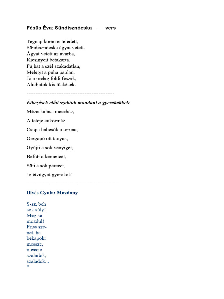 Versek, Dalok Kiscsoport | PDF