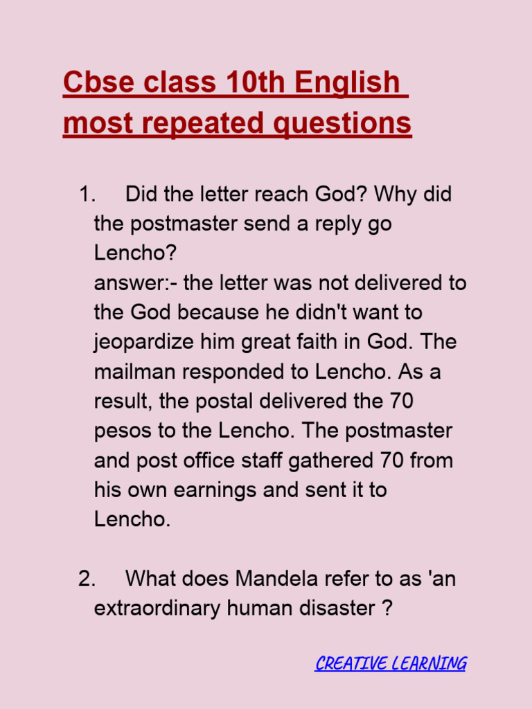 English Most Repeated Questions Class 10th | PDF | Hail