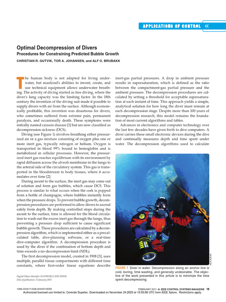 AaOptimal Decompression of Divers Applications of Control | PDF ...