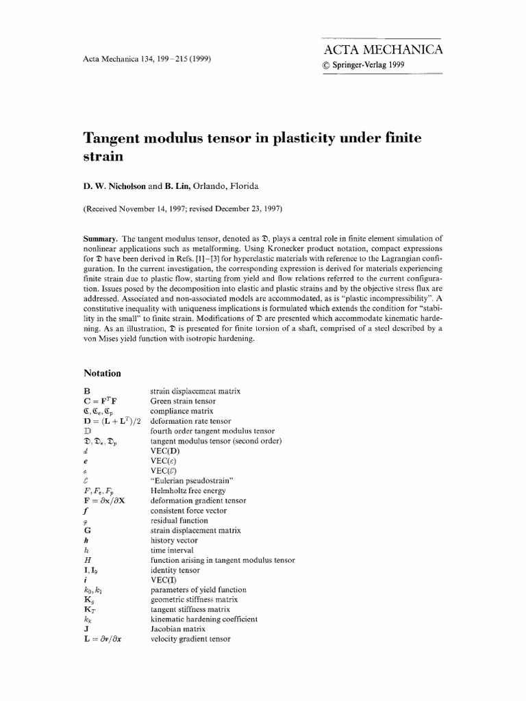 Tangent Modulus Tensor in Plasticity Under Finite Strain | PDF | Stress (Mechanics ...