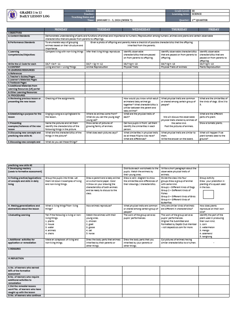 Grade 3 Science Daily Lesson Log | PDF | Language Arts & Discipline ...