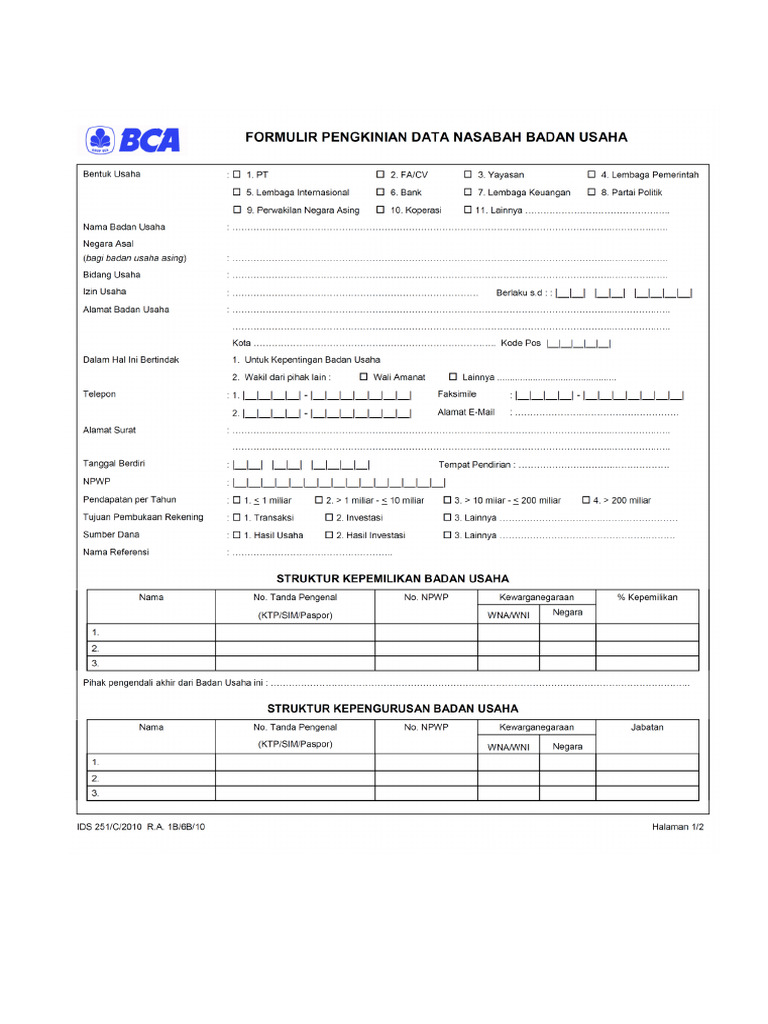 Form Pengkinian Data Badan Usaha - Bank BCA | PDF