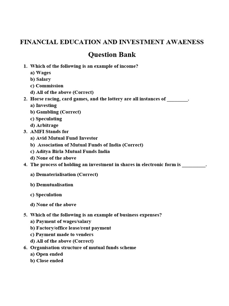 Financial Education and Invesemtn Awareness Question Bank | PDF ...