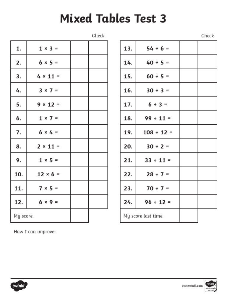 Third Grade Mixed Multiplication Test | PDF