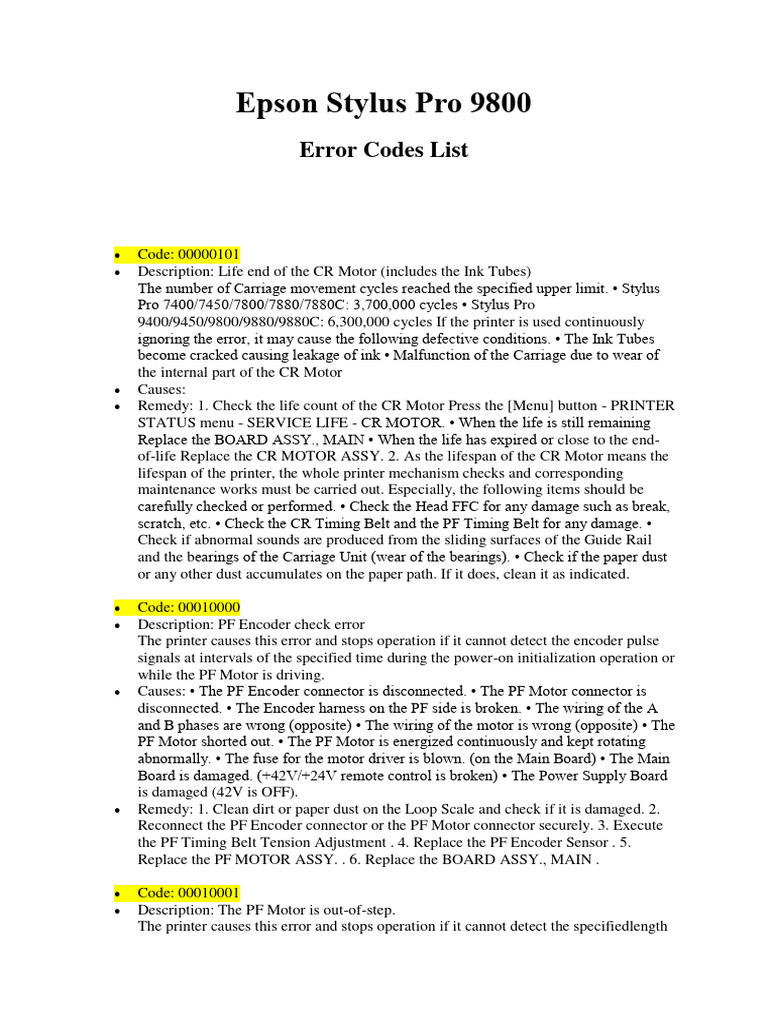 Epson Stylus Pro 9800 Error Codes Guide | PDF | Leak | Booting