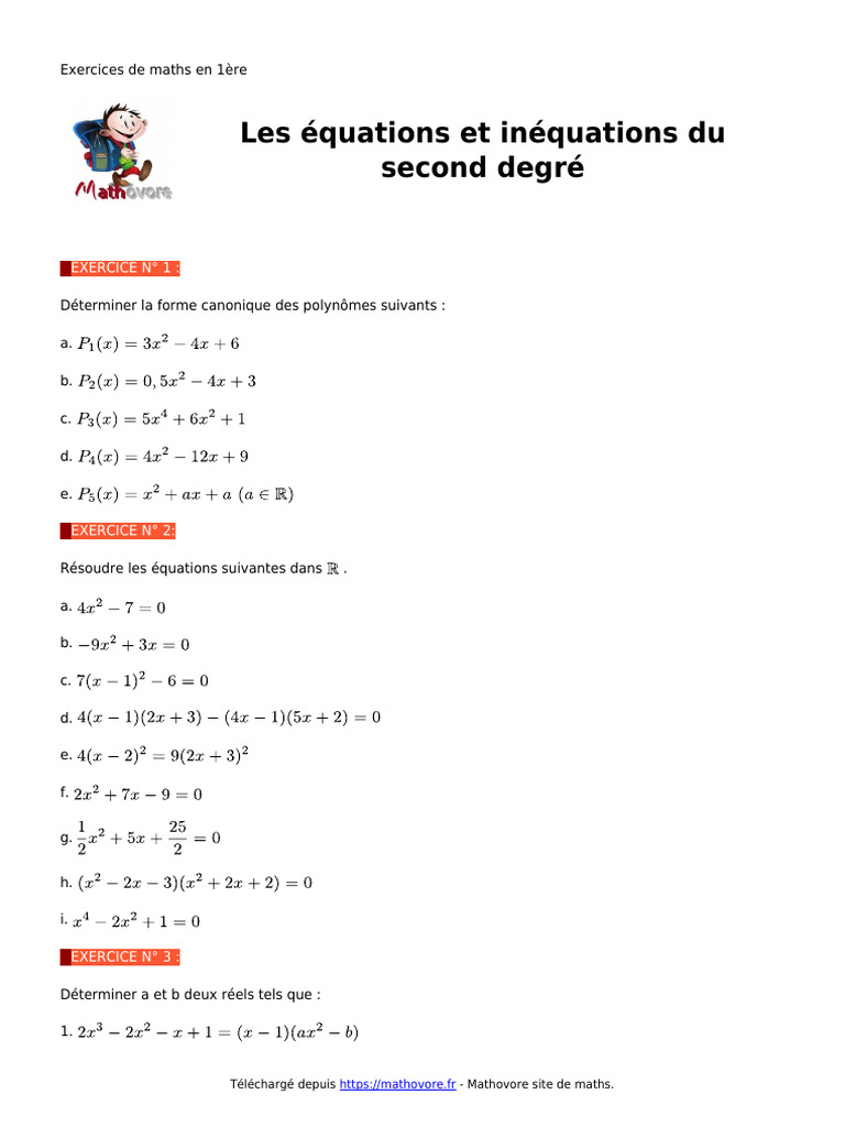 Les Equations Et Inequations Du Second Degre Exercices de Maths en 1ere 392 | PDF | Équations ...