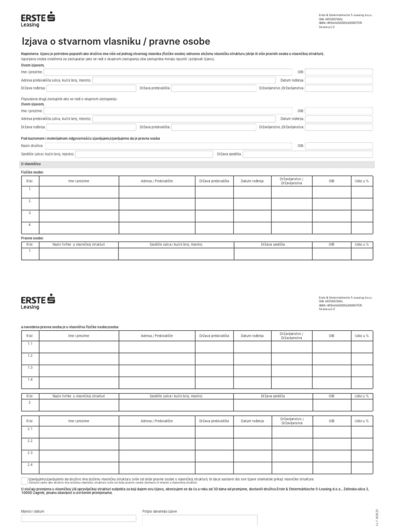 Izjava o Stvarnom Vlasniku | PDF