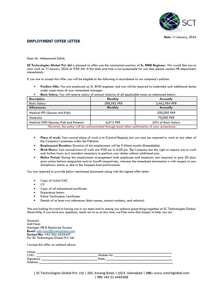 Offer Letter - M. Zahid - Sr. RNO Engineer | PDF | Employment | Labor