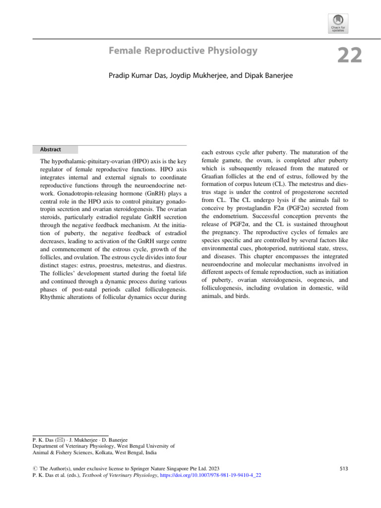 Female Reproductive Physiology: Pradip Kumar Das, Joydip Mukherjee, and Dipak Banerjee | PDF ...