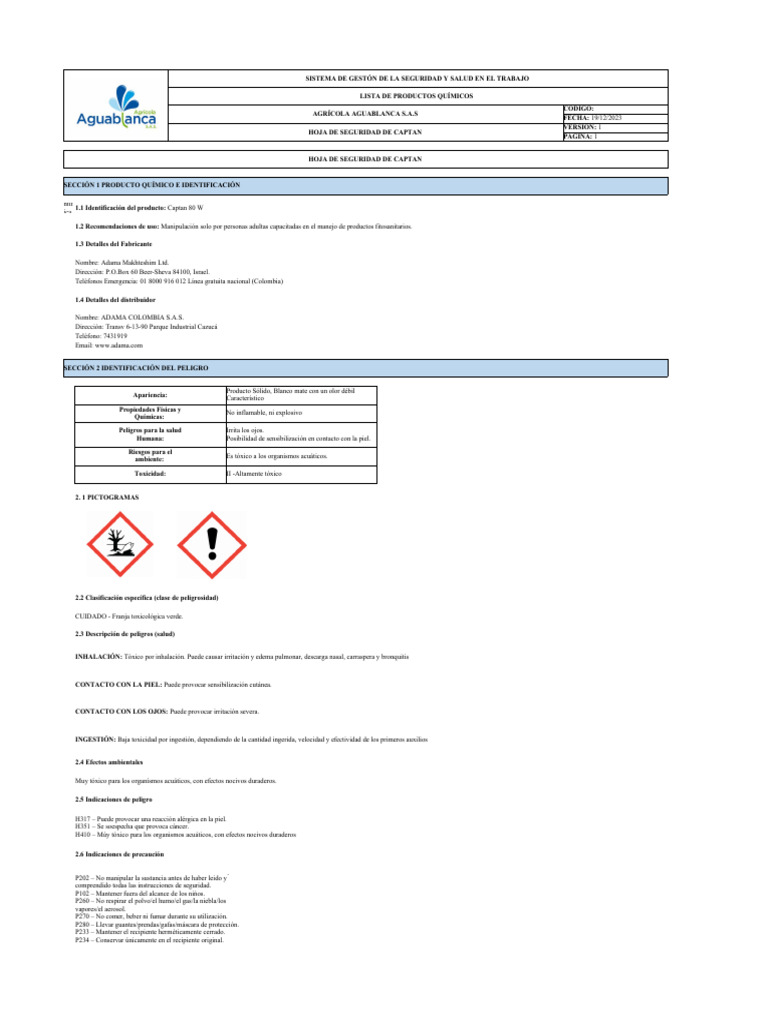 Hoja de Seguridad de Captan Cancerigeno | PDF | Agua | Toxicidad