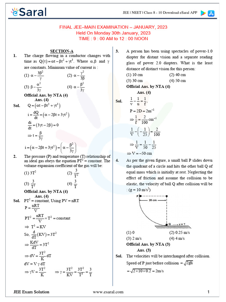 30 01 2023 Physics - Paper+With+Ans - Morning | PDF | Collision | Electromagnetism