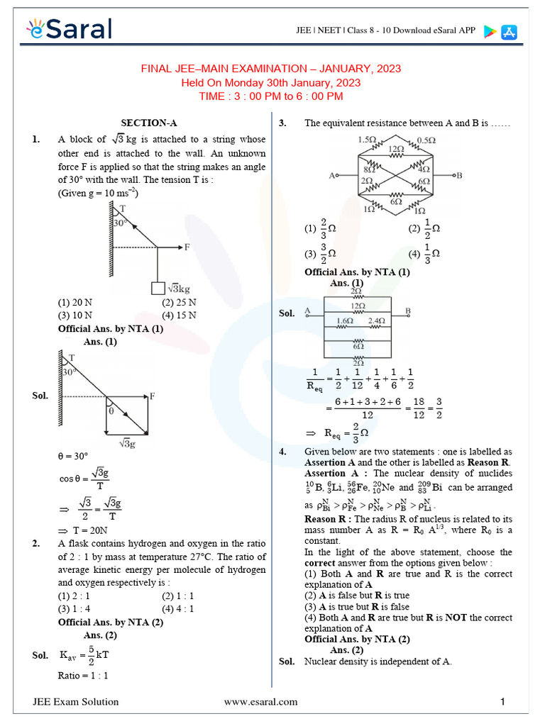 153639-30-01-2023 Physics Paper+With+Ans Evening | PDF | Acceleration | Friction