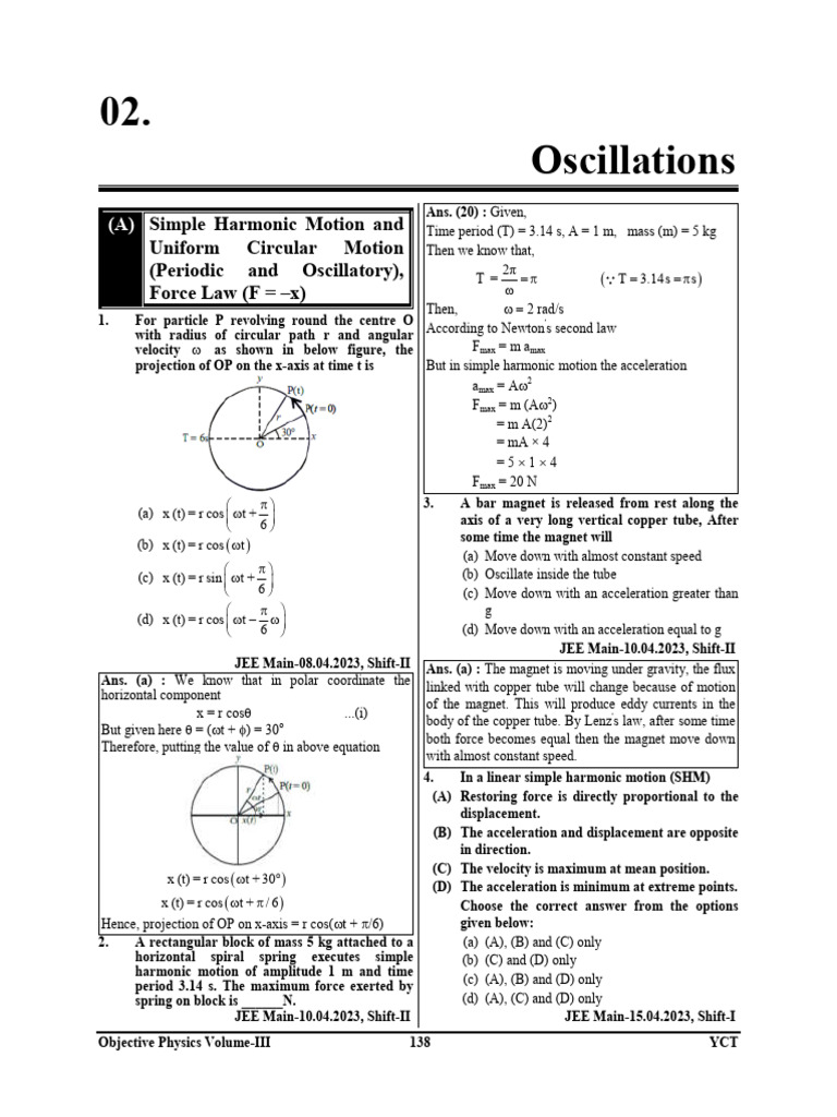 139514485-YCT Oscillations NEET JEE Questions Practice | PDF | Oscillation | Force