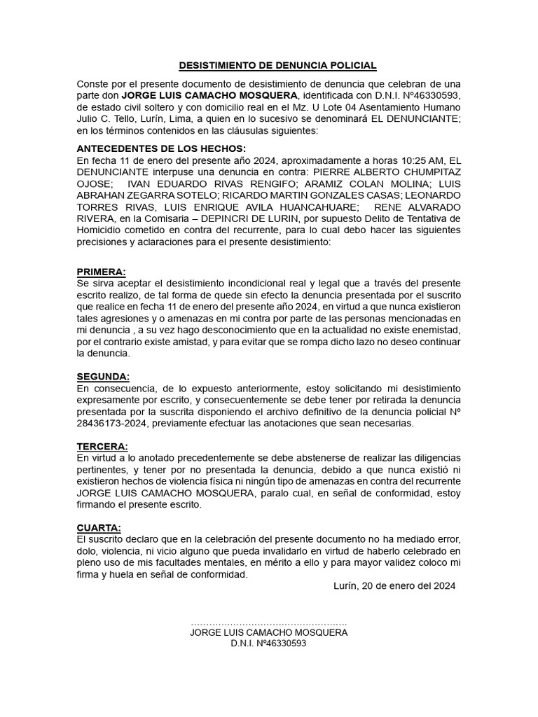 Desistimiento de Denuncia Policial 2024 | PDF | Direito
