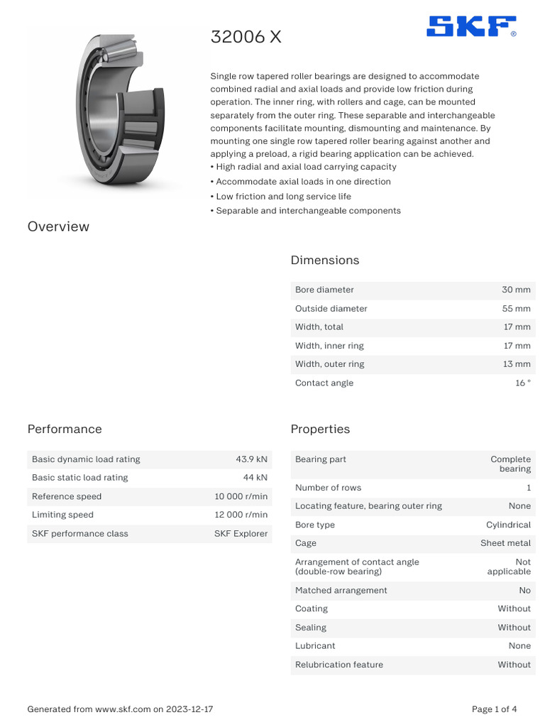 SKF 32006 X Specification | PDF