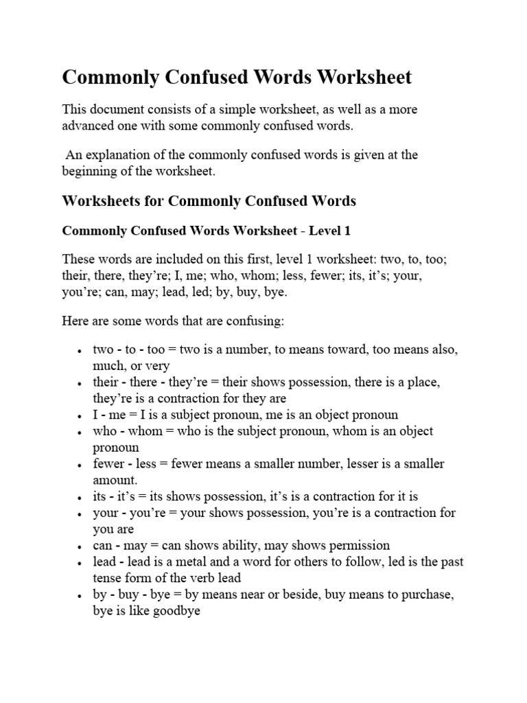 COMM 2710 Commonly Confused Words Worksheet | PDF | Language Mechanics ...