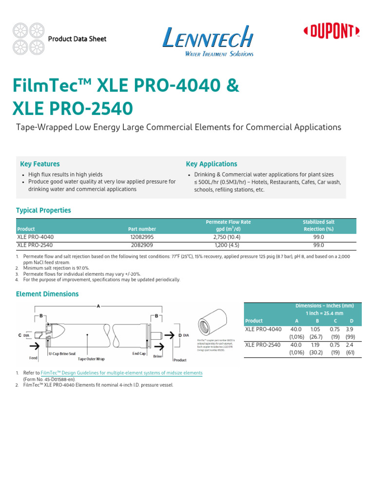 Dupont Filmtec Xle Pro 4040 L | PDF | Membrane | Sodium Chloride